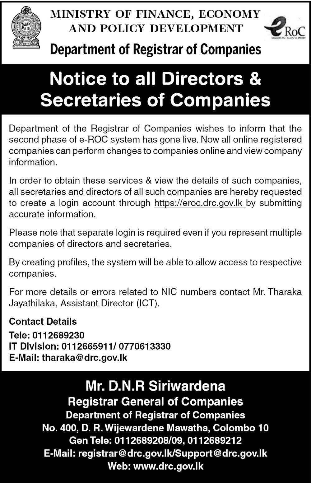 Special Notice to all Directors & Secretaries of Companies – Department ...